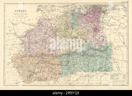SURREY antique county map by GW BACON 1898 old vintage plan chart Stock ...