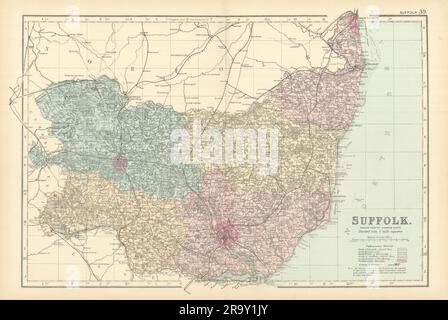 SUFFOLK antique county map by GW BACON 1883 old vintage plan chart ...