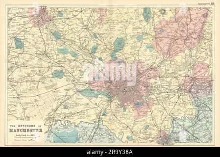 MANCHESTER & ENVIRONS. Bolton Stockport Oldham. Antique map by GW BACON ...