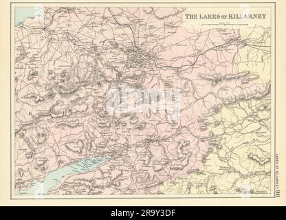 KILLARNEY LAKES Kerry Kenmare Ireland antique map by GW BACON 1898 old ...