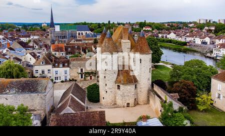 Aerial view of the medieval castle of Nemours in the town of the same ...