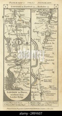 Dover. London - Greenwich road strip map PATERSON 1785 old antique ...