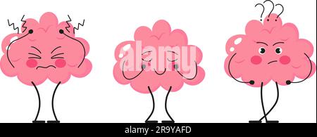 Cartoon brain emoji, emotion brainy vector set. Brainstorming set ...