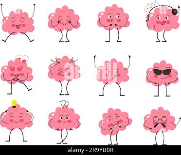 Cartoon brain emoji, emotion brainy vector set. Brainstorming set ...
