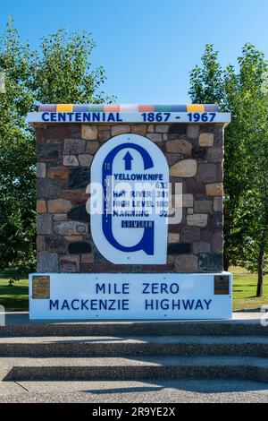 High level, Alberta / Canada - 10 AUG 2022: Mile Zero of the Mackenzie ...