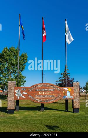 High level, Alberta / Canada - 10 AUG 2022: Mile Zero of the Mackenzie ...