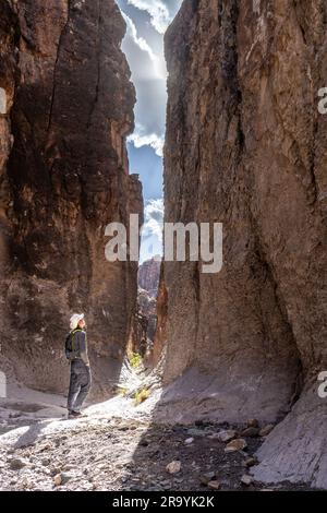 Hider person man standing in a water eroded slot canyon with curved ...