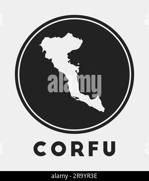 Corfu Badge. Round logo of island with triangular mesh map and radial ...