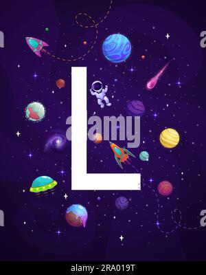 Cartoon space letter F, fantastic planets poster. Space exploration ...