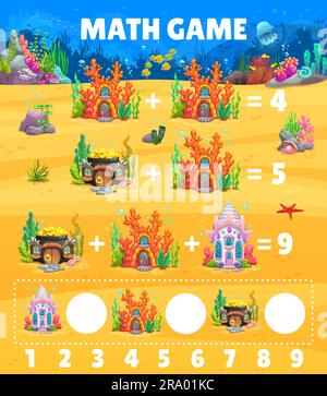 Math game worksheet, underwater landscape with sea animals and fish ...
