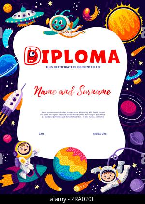 Kids astronaut diploma. Cartoon astronaut characters on space planet ...