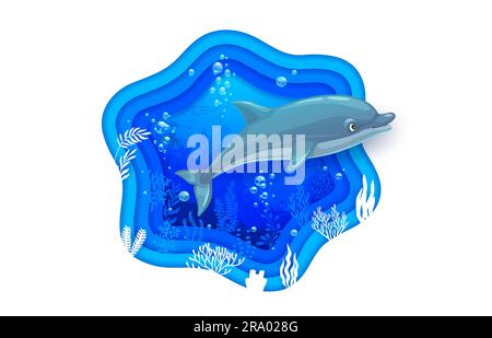Underwater paper cut landscape with dolphin, turtle and seaweeds ...