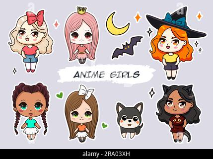 Set of stickers anime manga girl in kimono and umbrella. Cartoon Vector ...