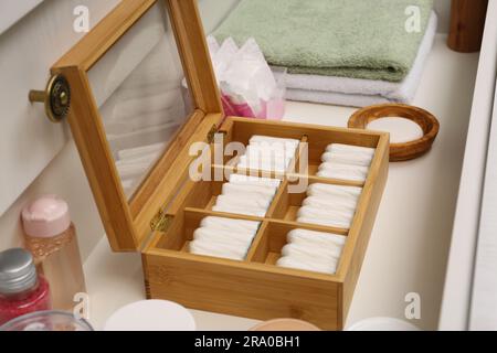 Storage of tampons and different hygiene products in white drawer Stock ...