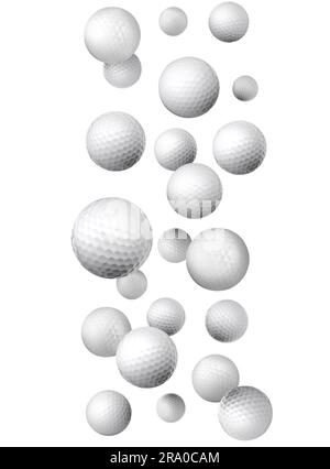 Many golf balls falling on white background Stock Photo - Alamy