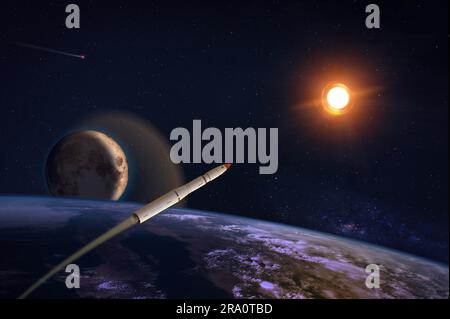 Hypersonic missile or rocket over the apocalyptic Earth. Blue Moon in ...