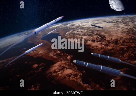 Hypersonic missiles or rockets over the apocalyptic Earth. Blue Moon in ...