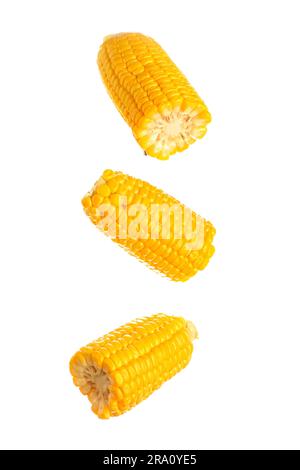 Flying cut corn cobs and kernels on white background Stock Photo - Alamy