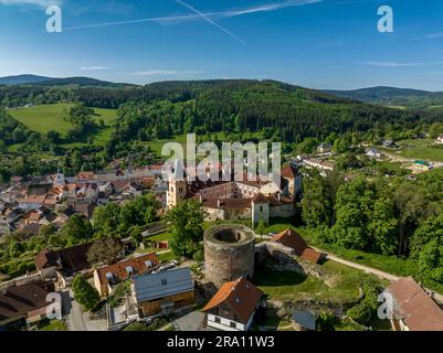 Aerial view of Vimperk Renaissance chateau castle with fortified round ...