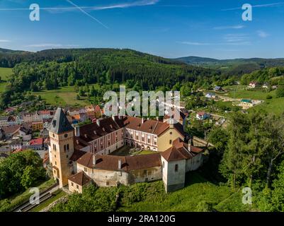Aerial view of Vimperk Renaissance chateau castle with fortified round ...
