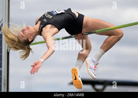 Wake Forest's Emma Soderstrom clears the bar in the women's high jump ...