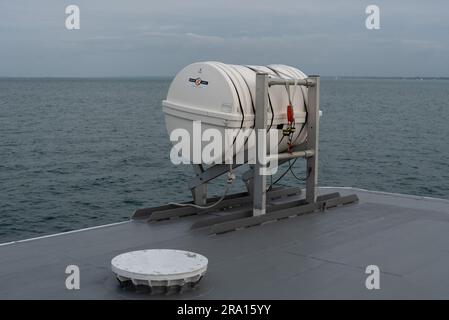 A single life raft mounted on a Wightlink fastcat passenger ferry. June ...