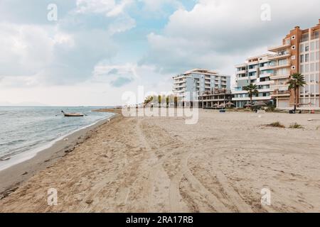 a deserted Plazhi i Vjeter (Old Beach) in the coastal city of Vlorë, in ...