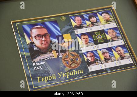 A set of stamps with the image of Ukrainian border guards killed by the ...