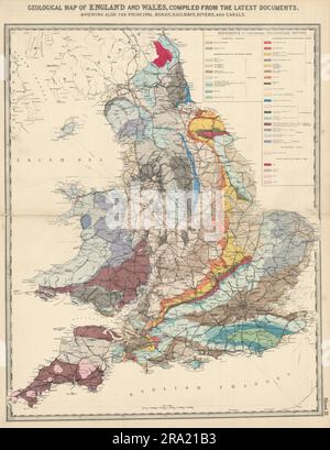 Geological map of England and Wales, by GW Bacon 1883 old antique chart ...