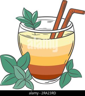 Sketch Illustration of Glass with Straw, Mint Leaf, Ice Bowl and ...