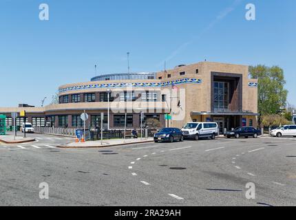 Blue and white flying fish encircle the Art Deco landmark Marine Air ...