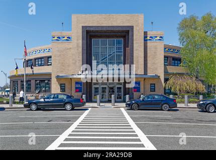Blue and white flying fish encircle the Art Deco landmark Marine Air ...