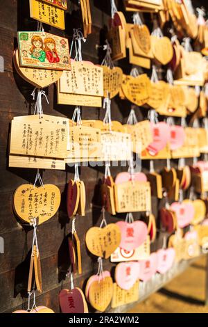 Rows of Japanese Shinto ema hanging on wooden board. Pink heart shaped ...