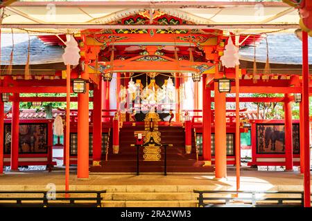 The hall, Haiden, of the Shinto Ikuta shrine in Kobe, Japan. Vermillion ...