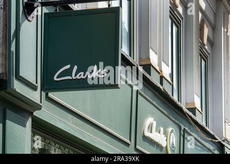 Clarks footwear sign, logo and copyright sign, above a shop, Glasgow ...