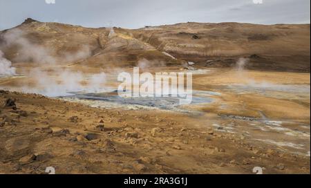 The sulfur-hot geysers at Hverir in Iceland in a natural outdoor ...