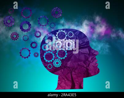 Silhouette of a head and a brain consisting of cogs and flying away ...
