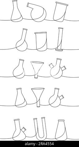 Laboratory glass equipment one line colored continuous drawing. Round ...