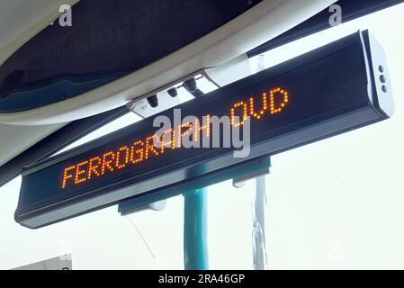 first bus sign inside vehicle bus stopping warning Stock Photo - Alamy