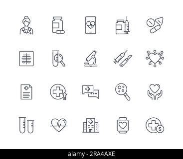 Group of simple doodle outline medical icons including lungs x-ray ...