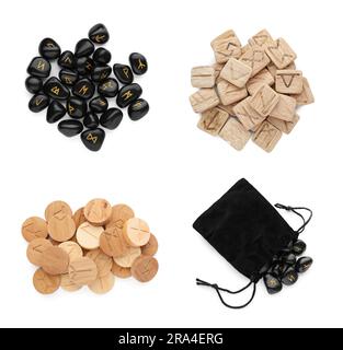 Collage with sets of wooden runes on white background. Divination tool ...