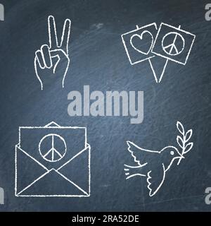 Pacifism and peace symbols chalkboard icon set. No war, world ...