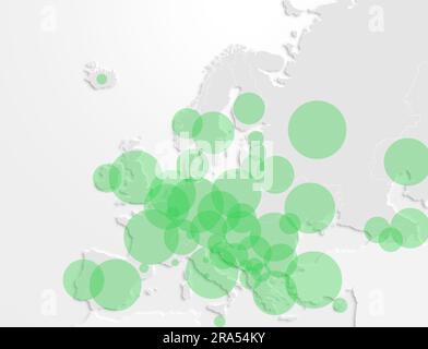 Map of the Europe continent with green circles representing population ...