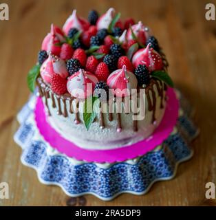 Home made cake with forest fruitschocolate and meringues Stock Photo ...