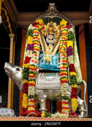 Golden Ganesha mounted on silver elephant vahana vehicle carrier during ...