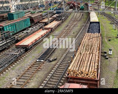 Top view of different railway wagons and tanks on an industrial ...