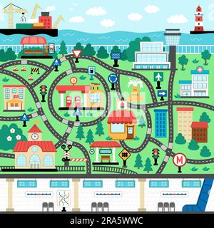City transport map. Square shaped background with railway, roads ...