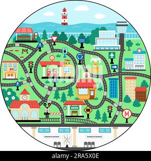 City transport map. Round shaped background with railway, roads ...