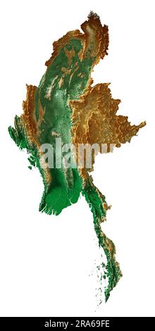 A 3D rendering of a topography map of Myanmar isolated on a blue ...