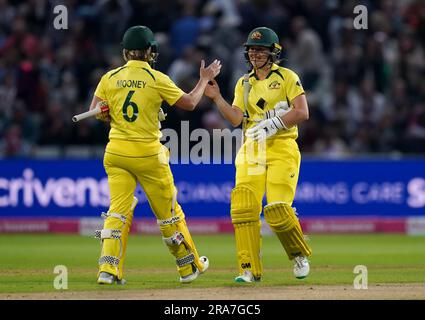 Australia's Beth Mooney, right, celebrates her century with Alana King ...